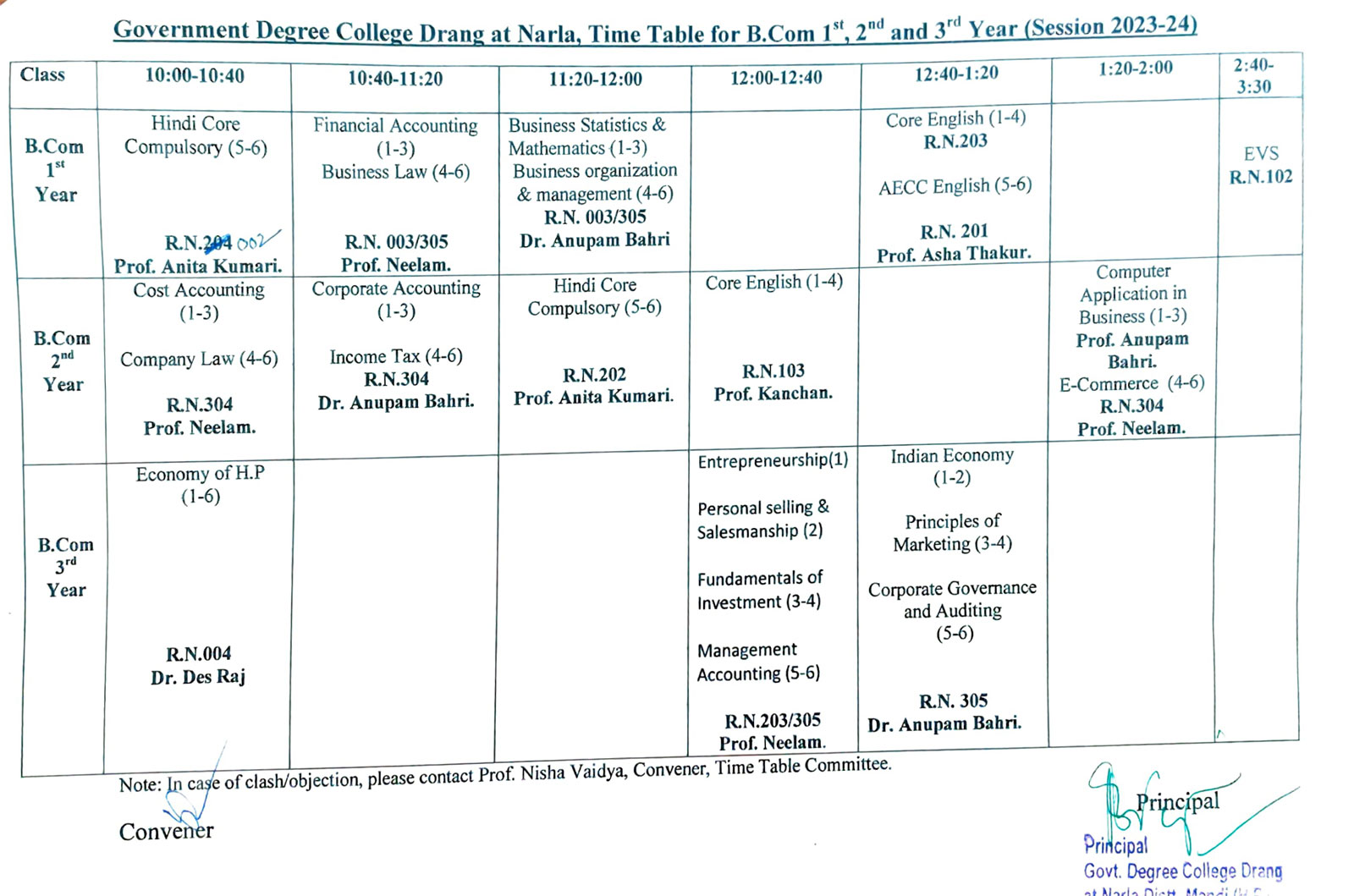 Time Table | Government Degree College Drang | Narla, District Mandi ...